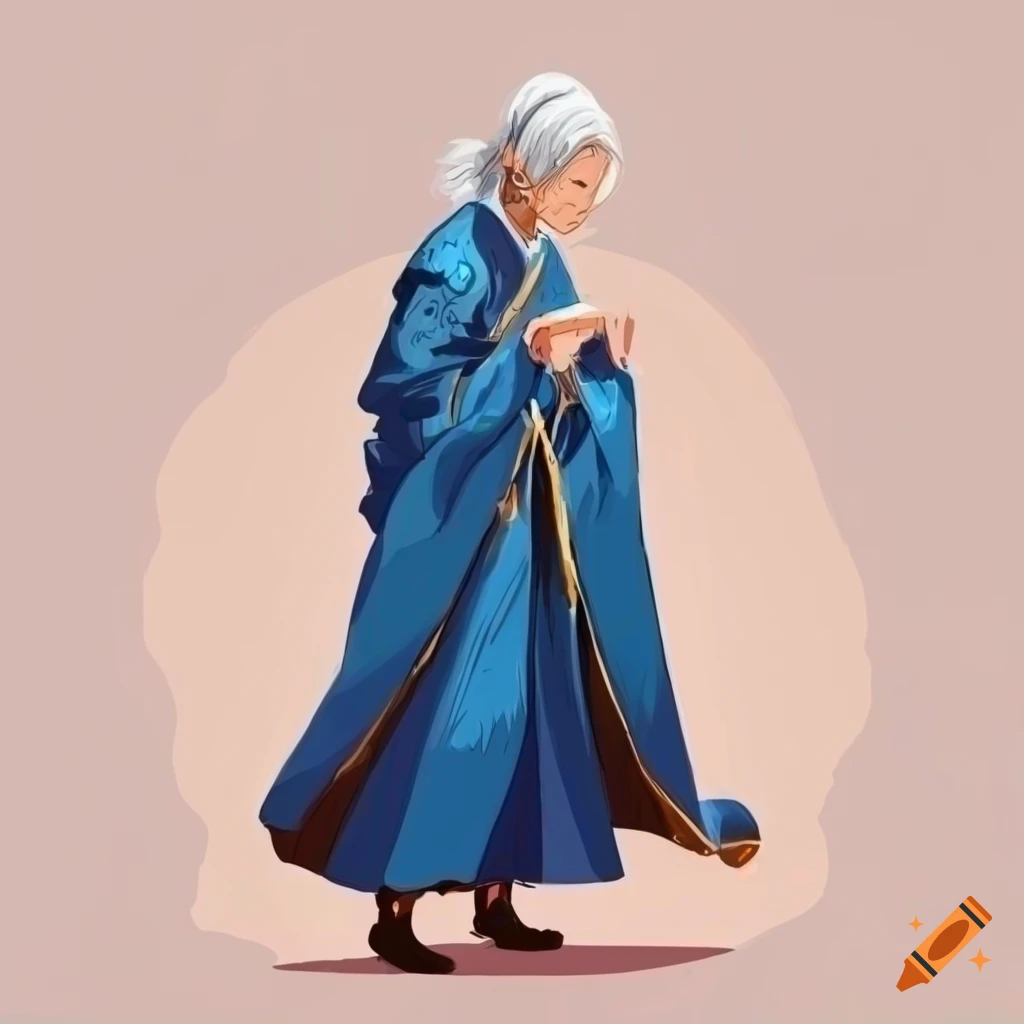 Full body concept art of an old monk woman wearing blue and gold robes ...