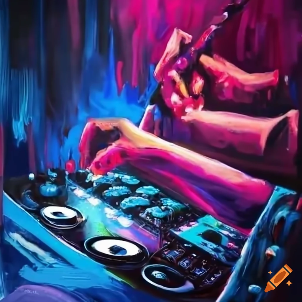 A dj mixing tracks under blue and pink lighting on Craiyon