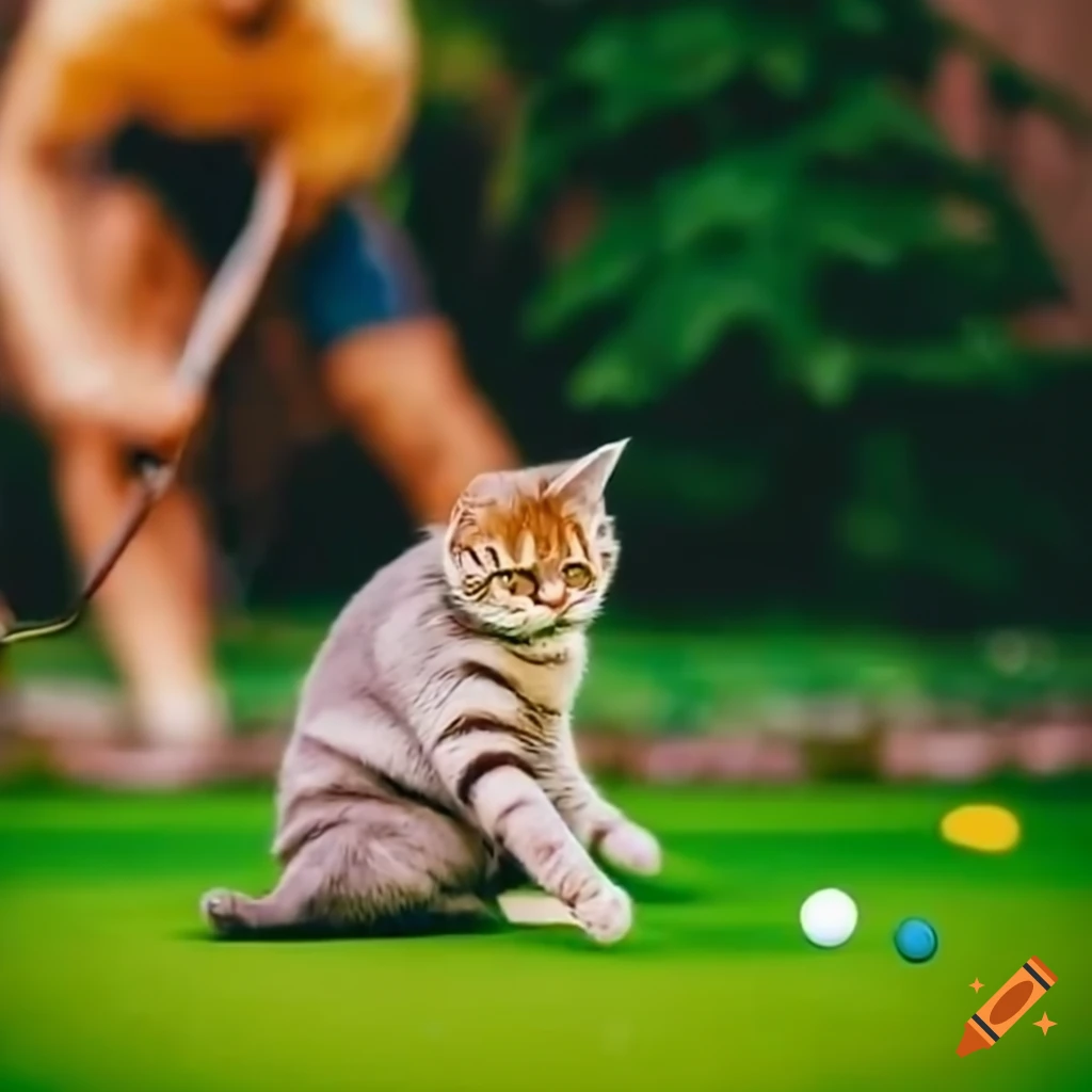 Man playing mini golf with his cute pet cat in backyard on Craiyon