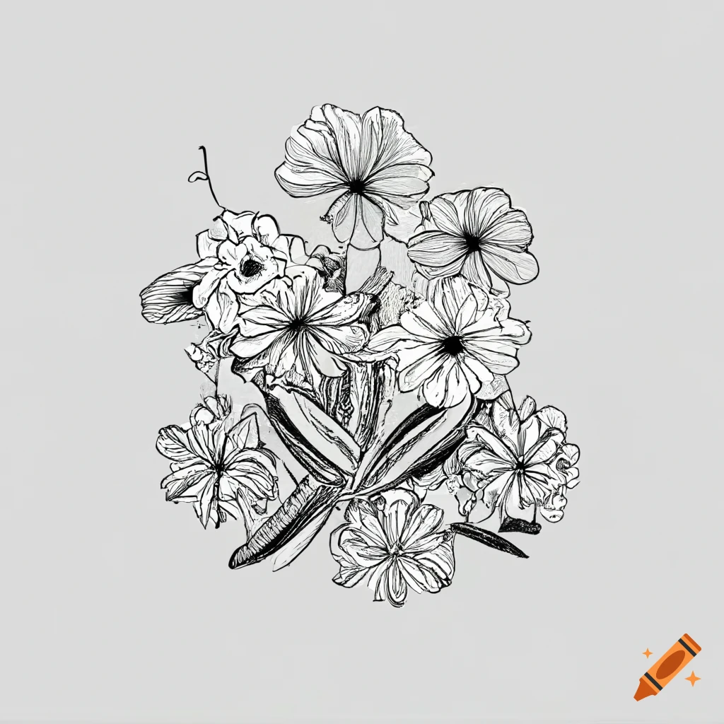 Hand drawn creative floral arrangement with different flowers design ...