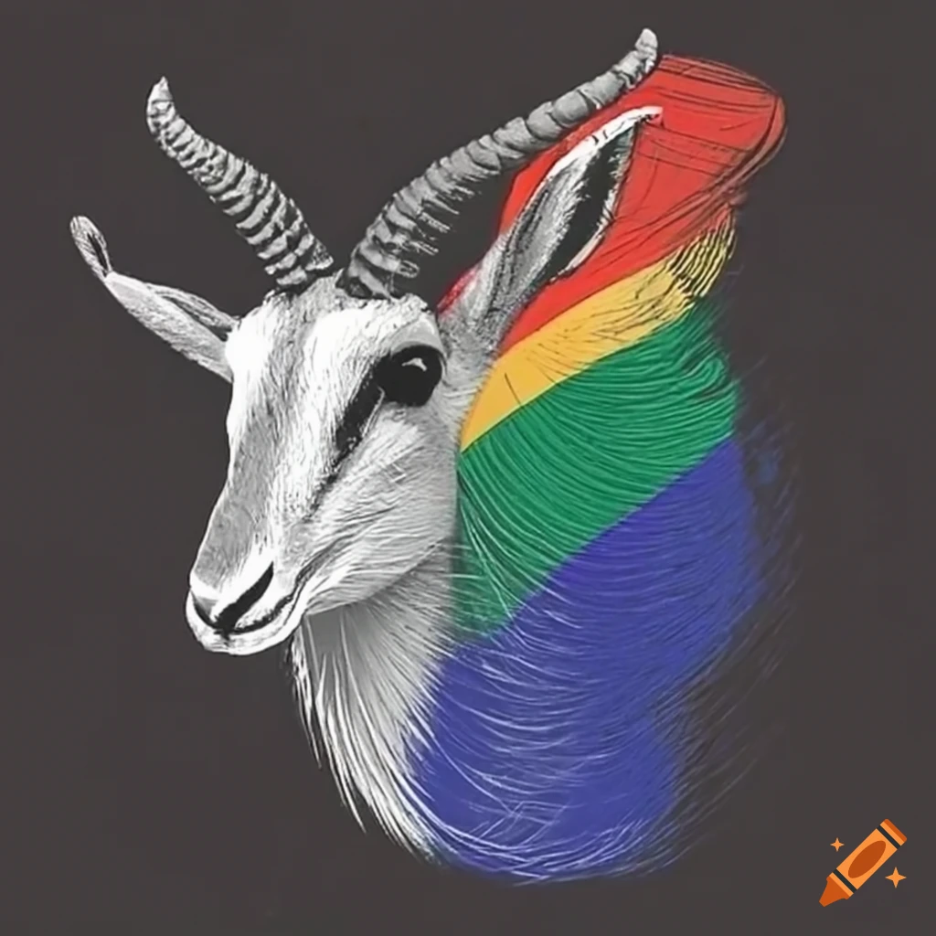 A side view of a springbok head with the new South African flag colours ...