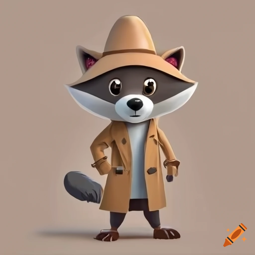 Full length picture of a cartoon racoon facing forward wearing a beige ...