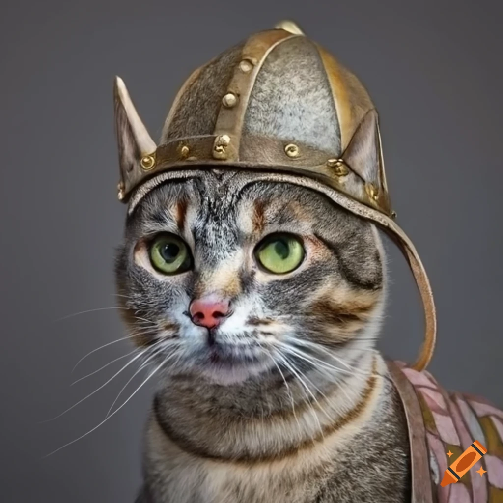 Portrait of a cat wearing a viking helmet, realistic on Craiyon