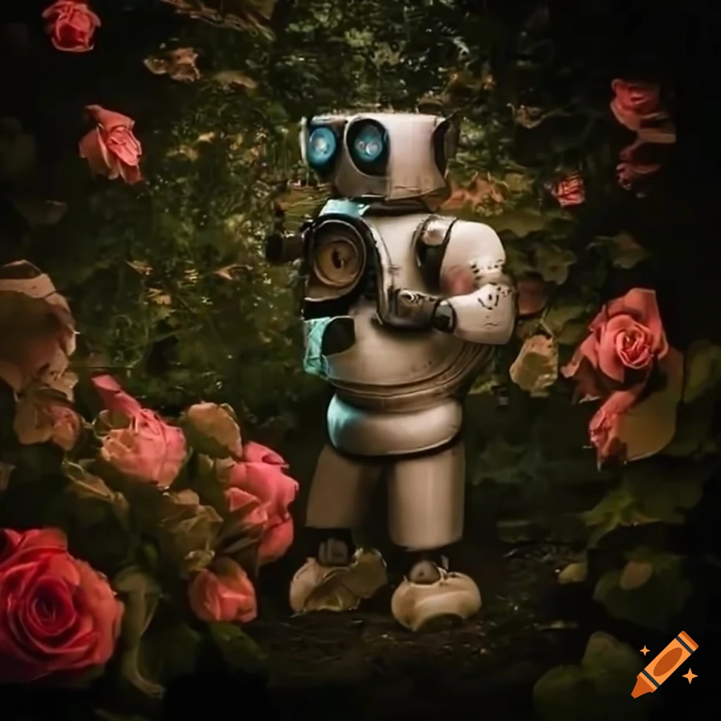 Three friendly broken robots dancing in an abandoned factory overgrown ...