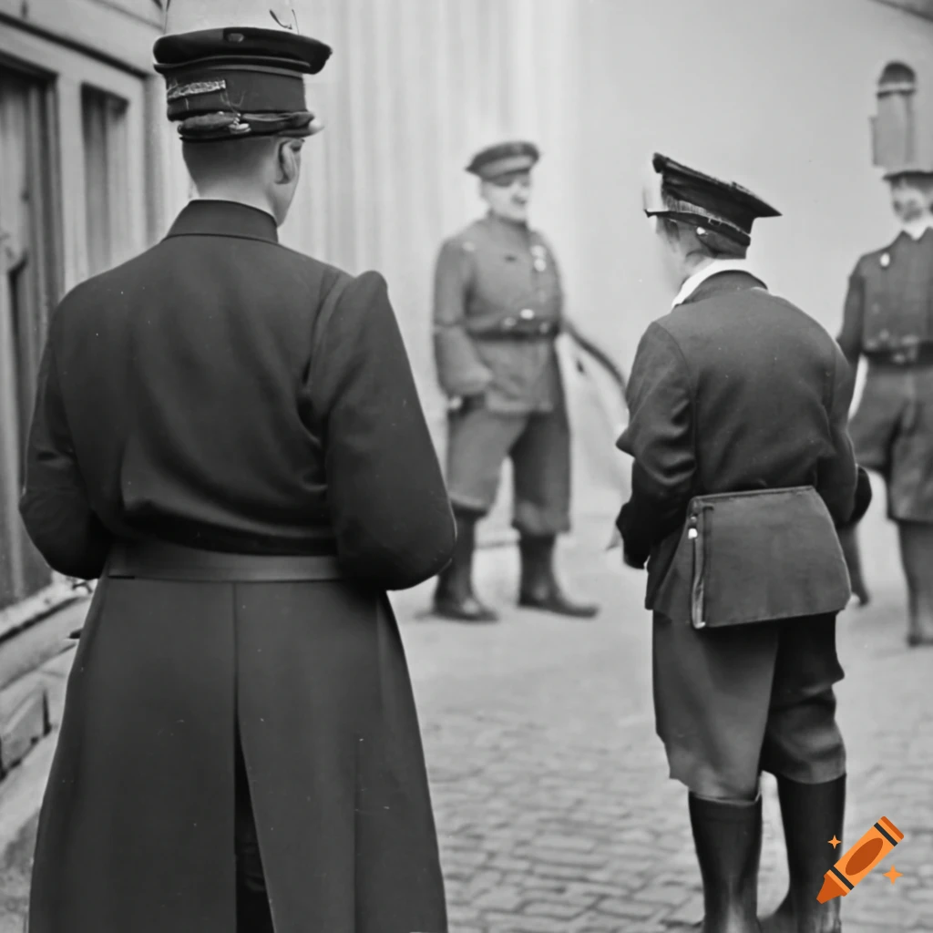 Back view of police officers questioning villagers in rural germany (1920s)