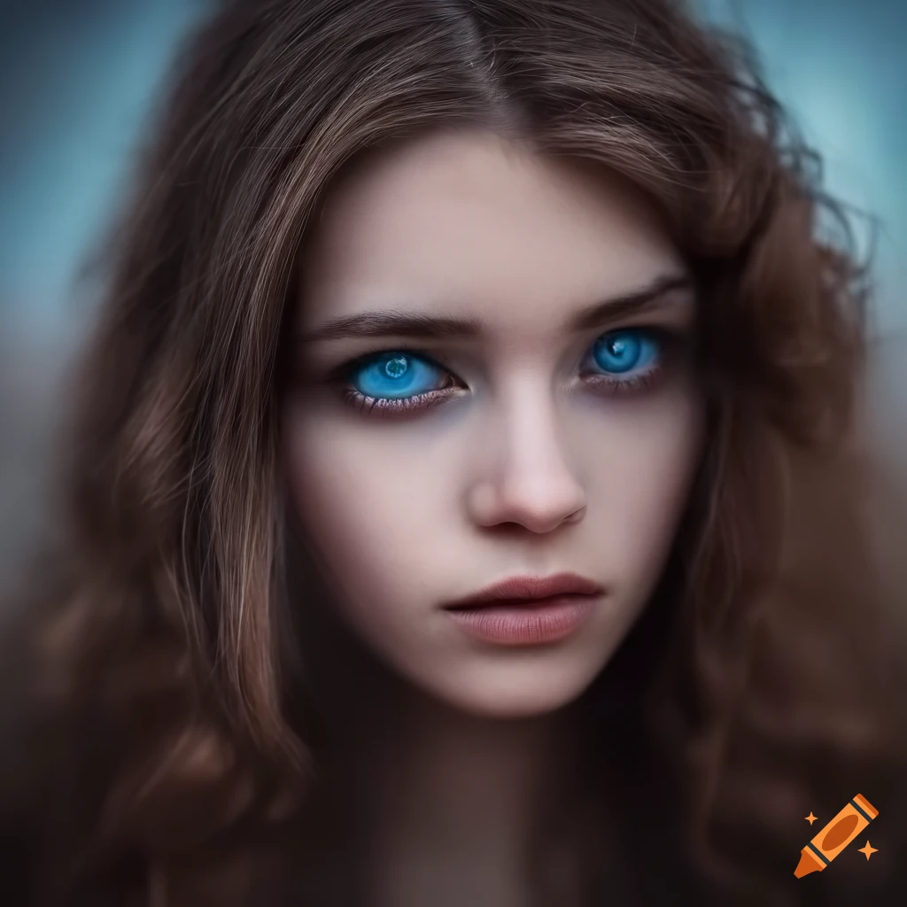 Portrait of a young woman with wavy brown hair and dark blue eyes on ...