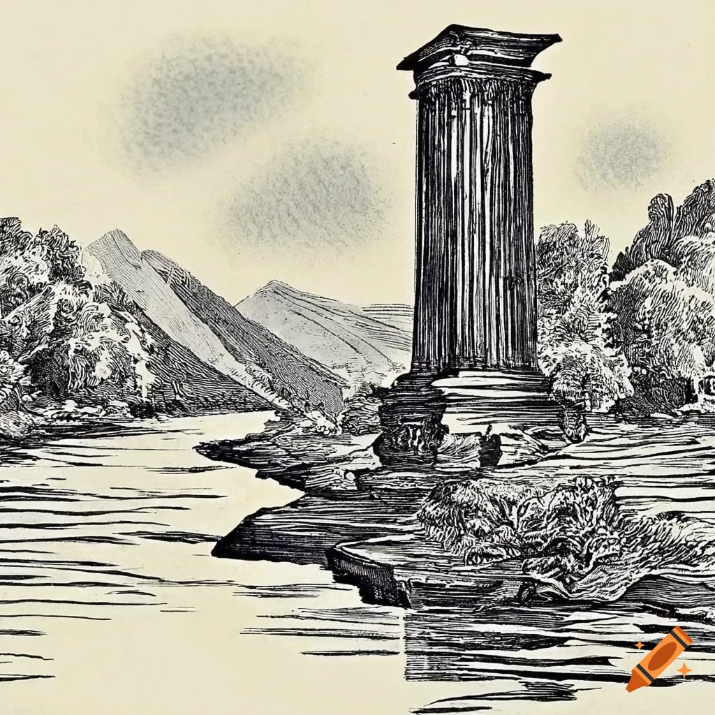 Greyscale 16th century style woodcut depicting a river and a falling ...