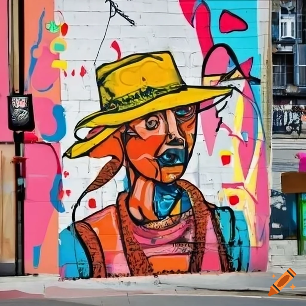 Street art featuring a character with fishing hat and colorful lines on ...