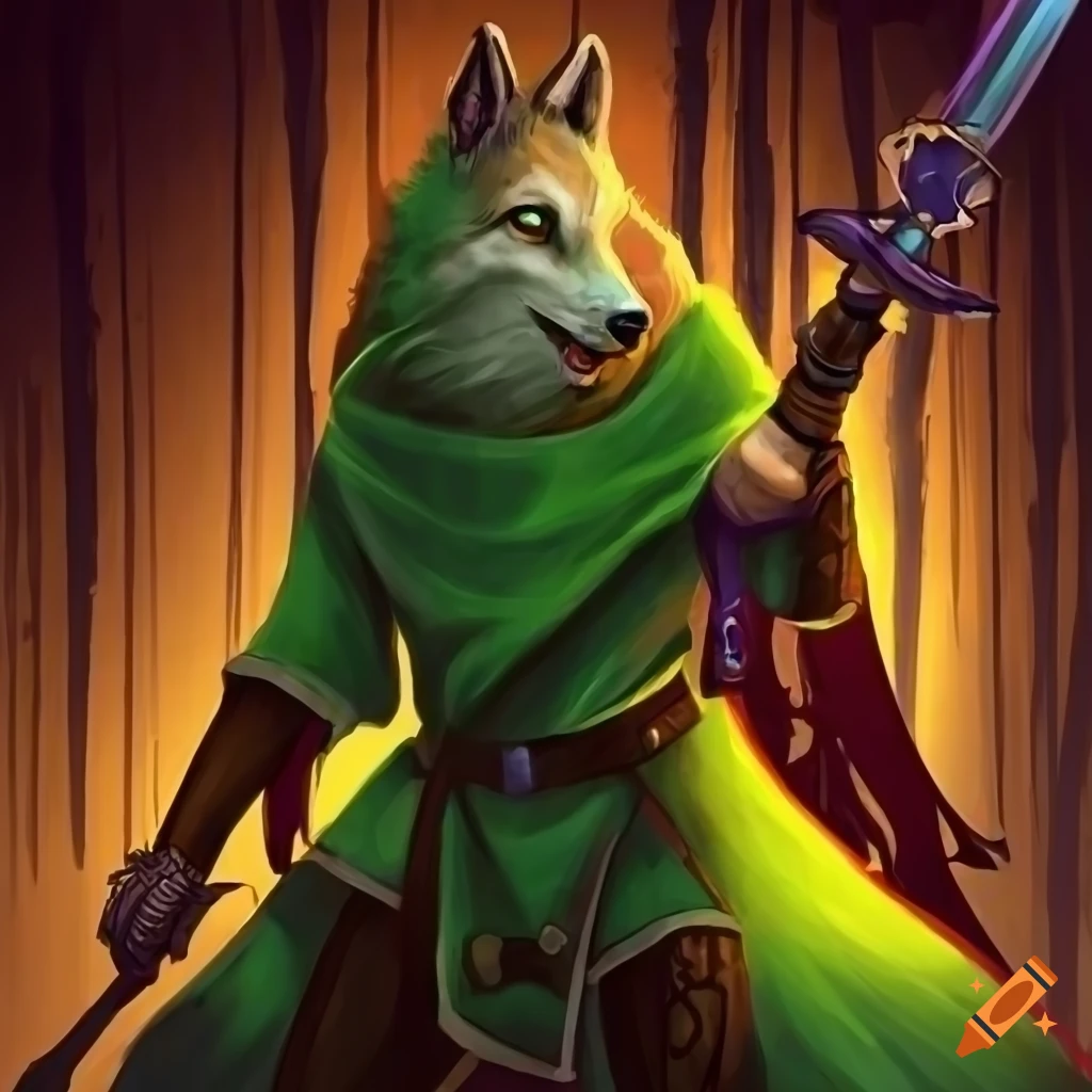 Wolf, sword, green tunic, link wolf, sword in mouth, dnd, pet Wolf on ...