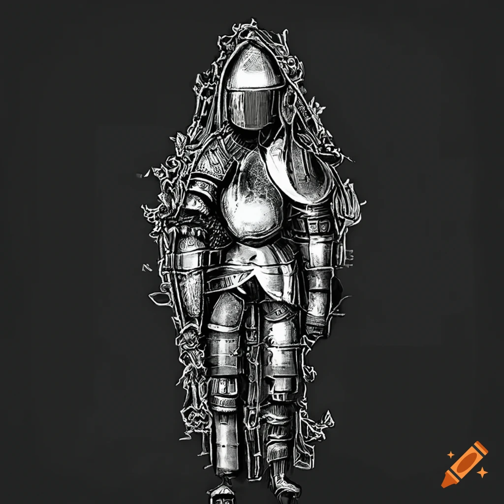 Medieval science fiction knight spacesuit armor black and white on Craiyon
