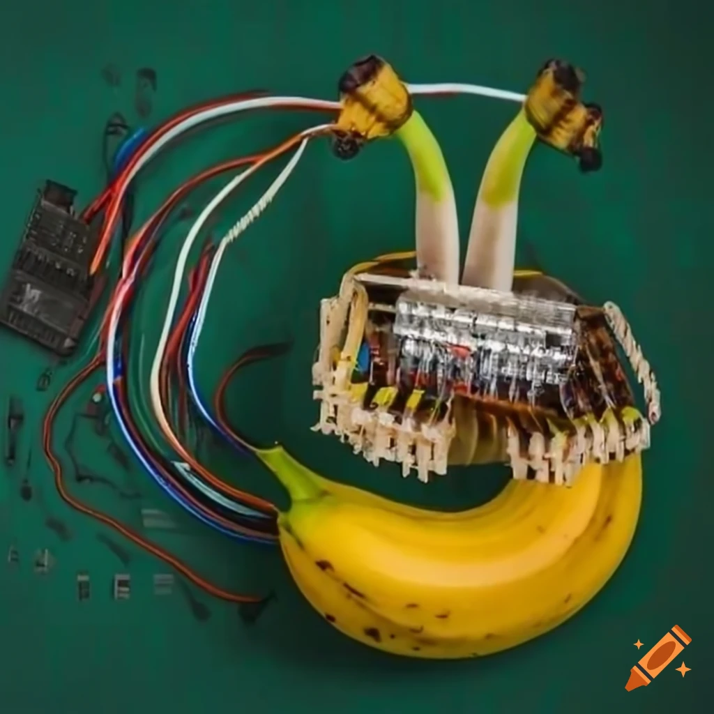 A banana decorated with electronic circuit components and wires on Craiyon