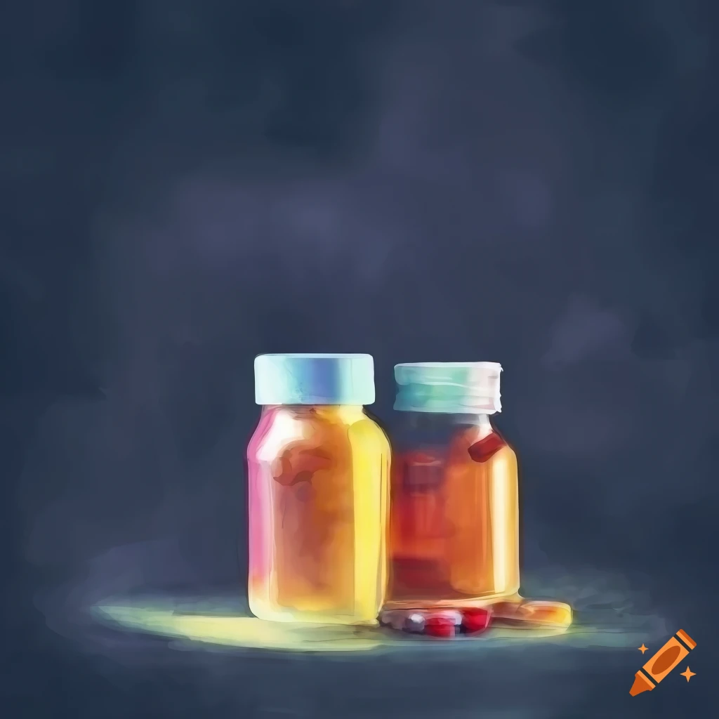 Containers of vitamins and dietary supplements. dark background. watercolor