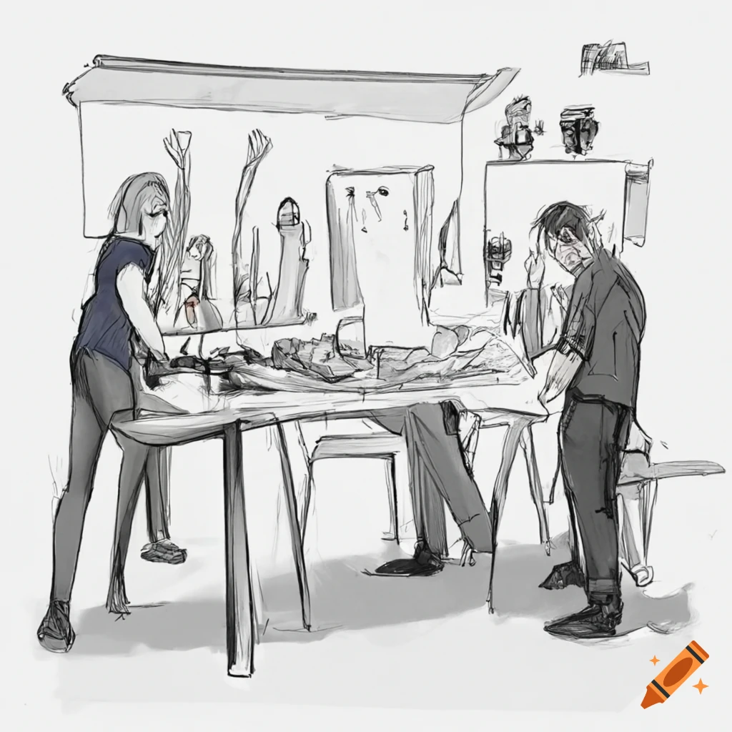 A drawing of this team of comic book creators at work, each with their ...