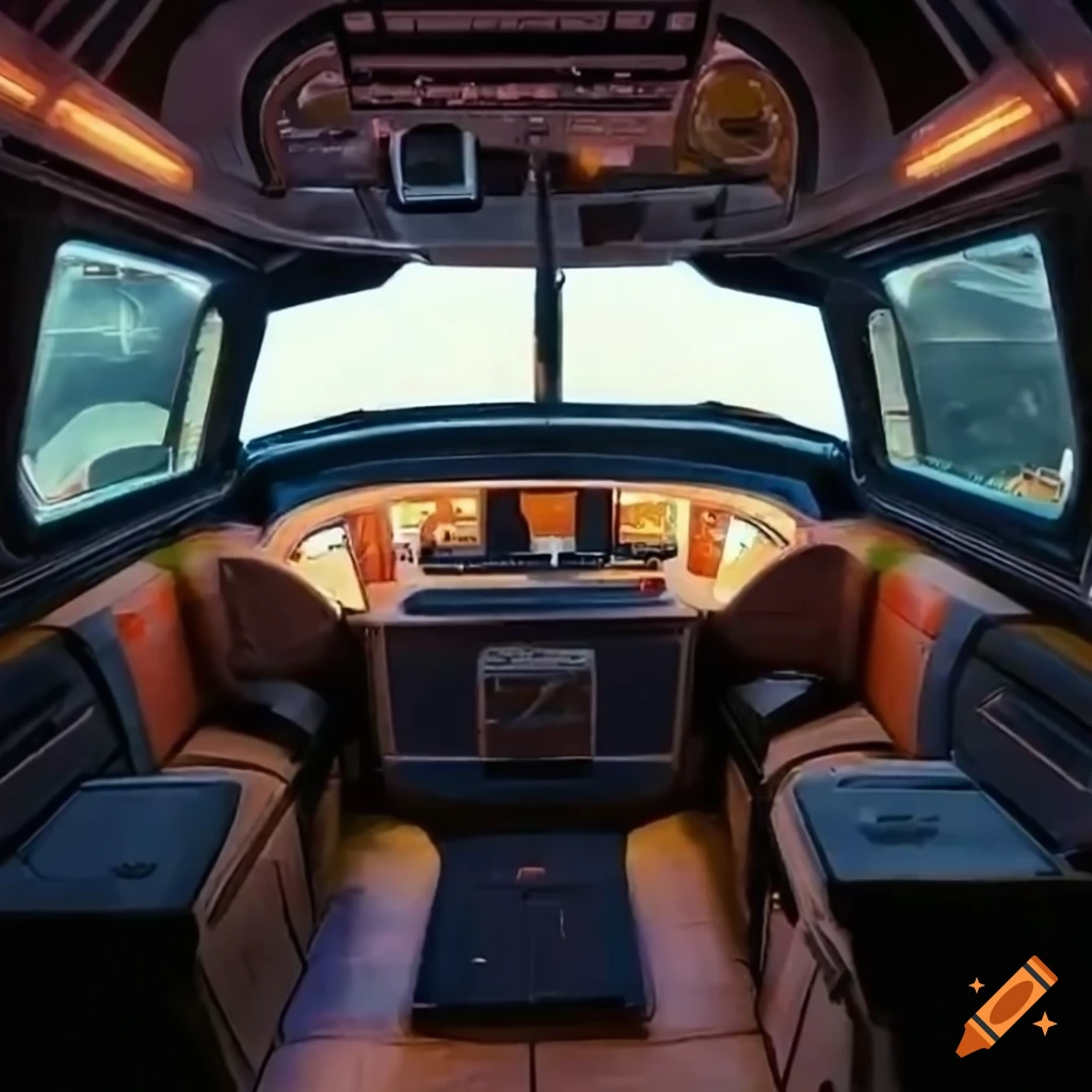 Show me the view inside the cockpit of a 1970s vintage sci fi starship ...