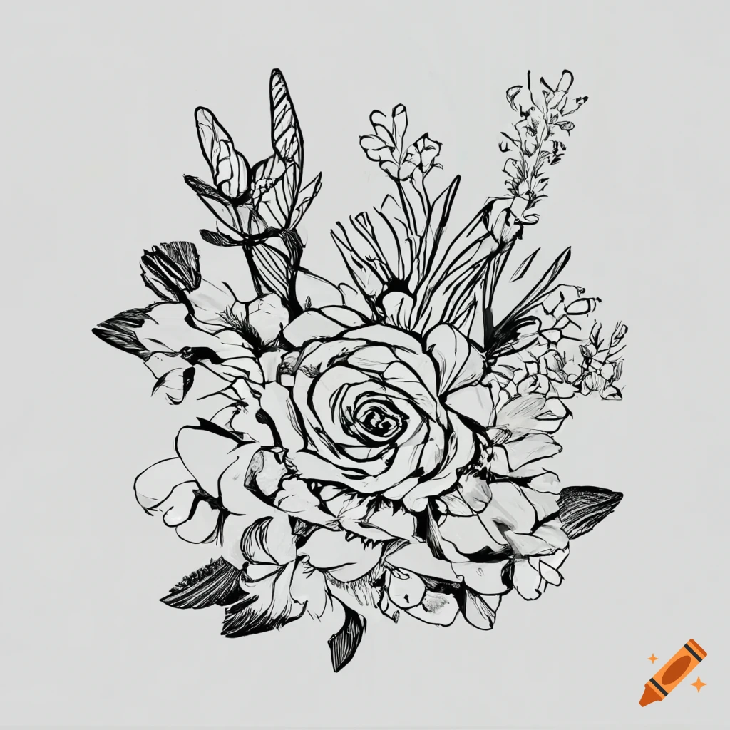 Hand drawn creative floral arrangement with different flowers design ...