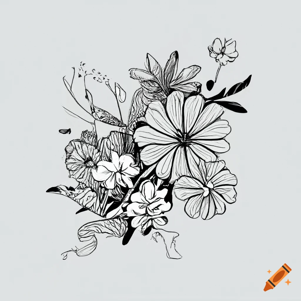 Hand drawn creative floral arrangement with different flowers design ...