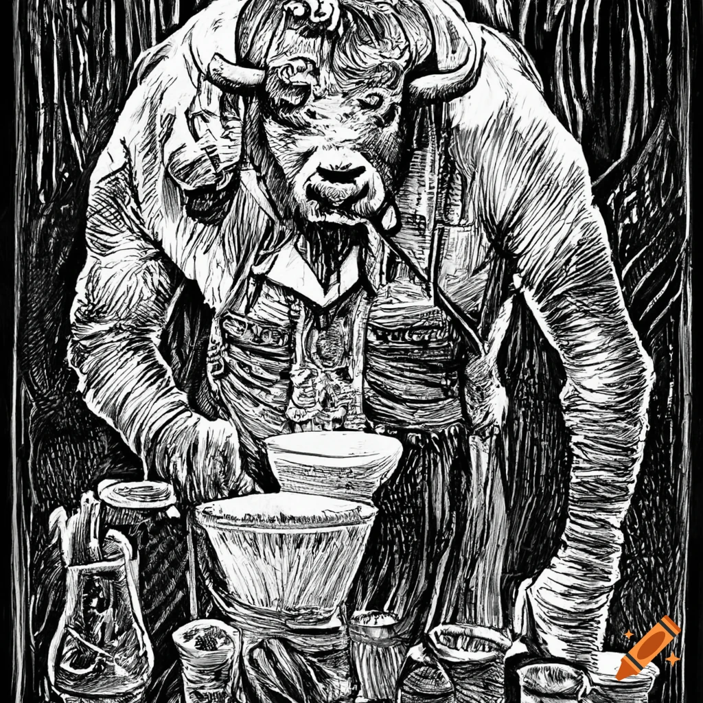 Black and white ink drawing of a anthropomorphised buffalo bartender ...