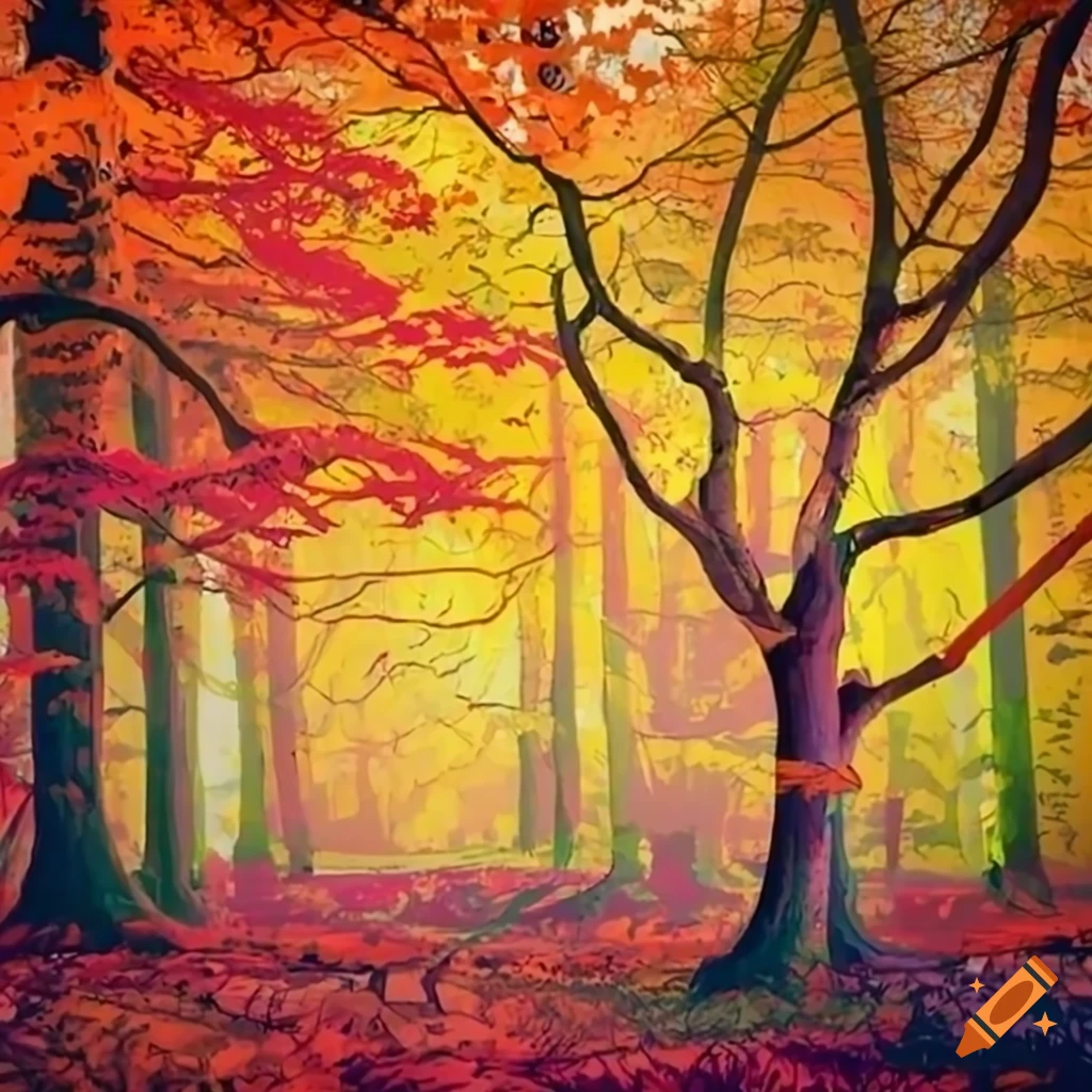 Colorful forest with an oak tree in the background on Craiyon