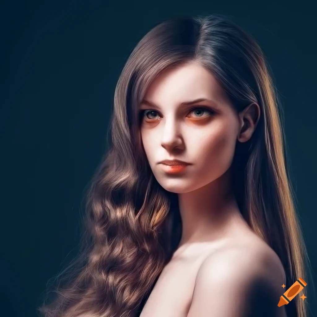 Elegant young woman brown haired with orange eye classy dressed on a ...