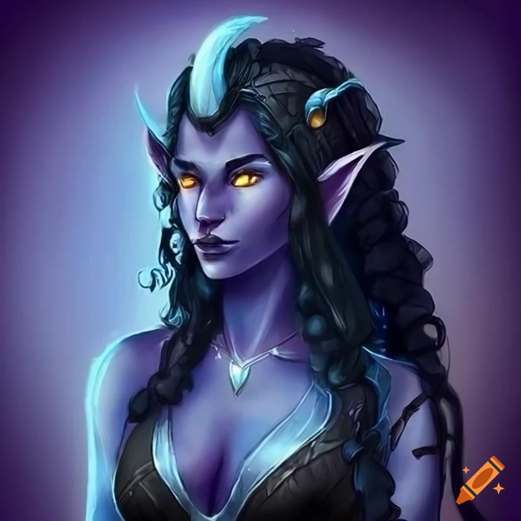 Tiefling, light blue skin, yellow eyes, woman, magical, warlock, long curly black hair, sad ...