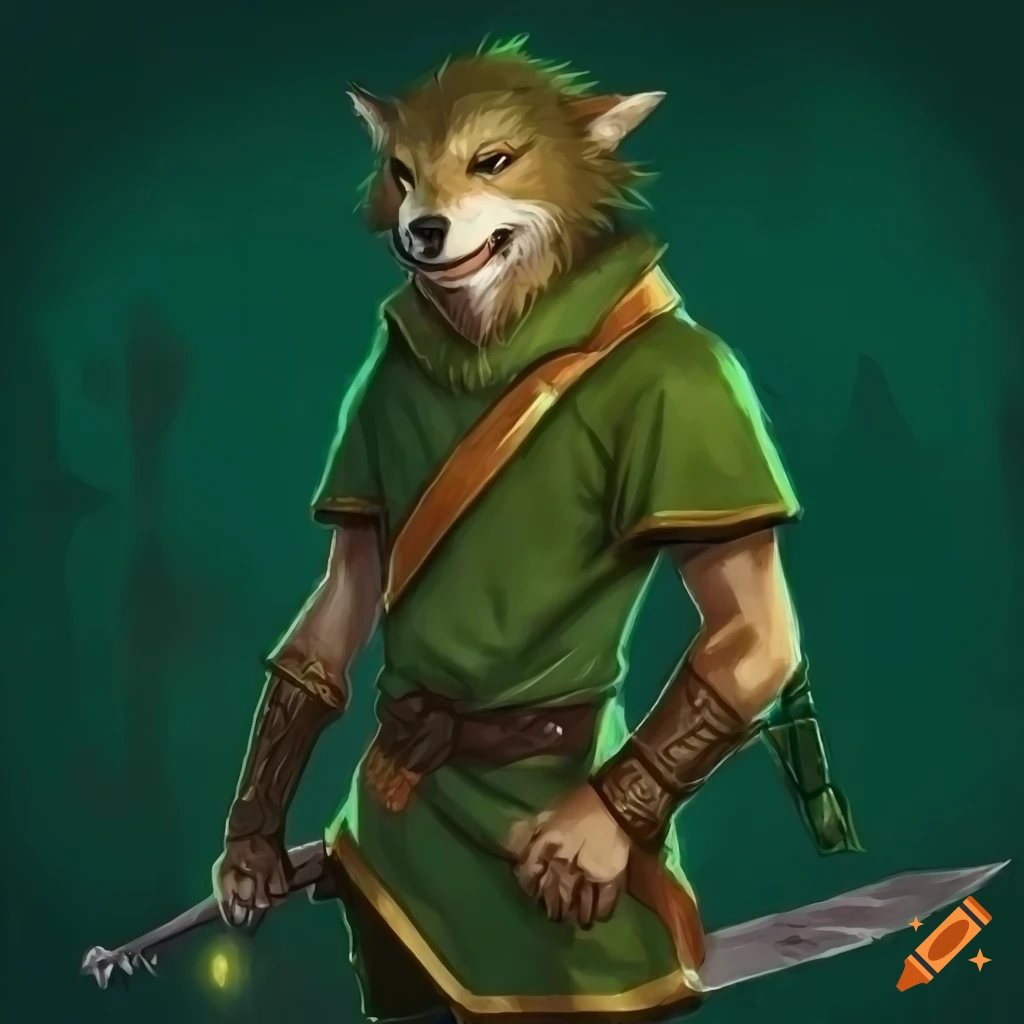 Wolf, sword, green tunic, link wolf, sword in mouth, dnd, pet wolf