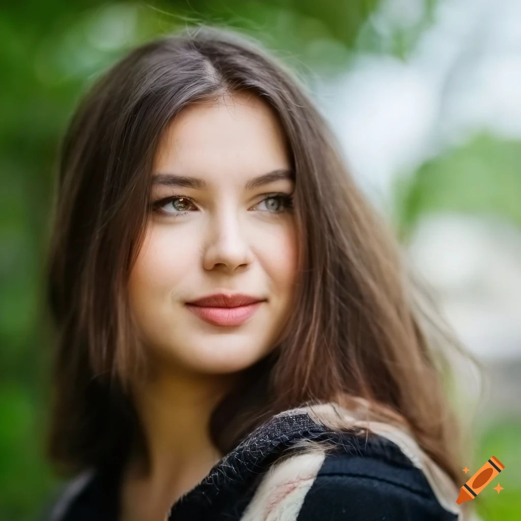 Close-up of a pretty young russian woman with sharp eyes and blurred ...