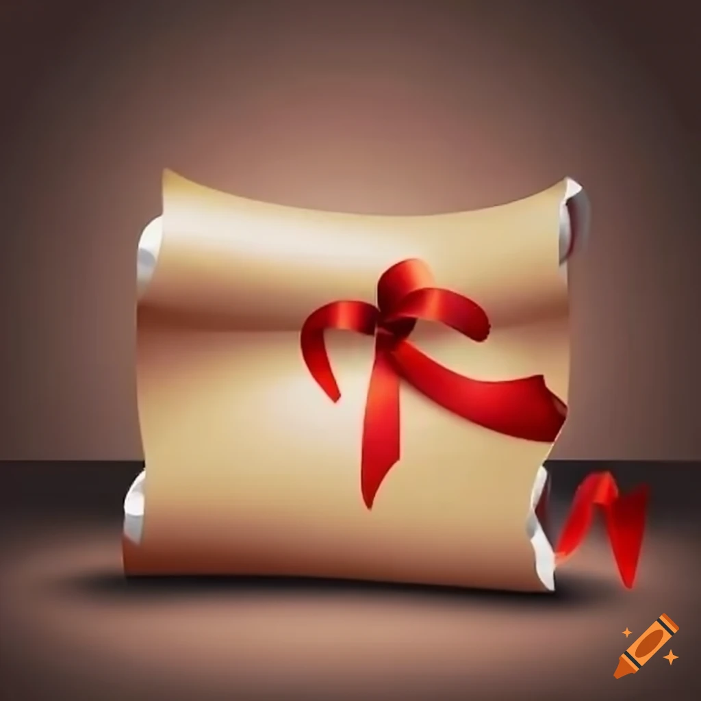 A rolled parchment with a red ribbon around it on a table on Craiyon