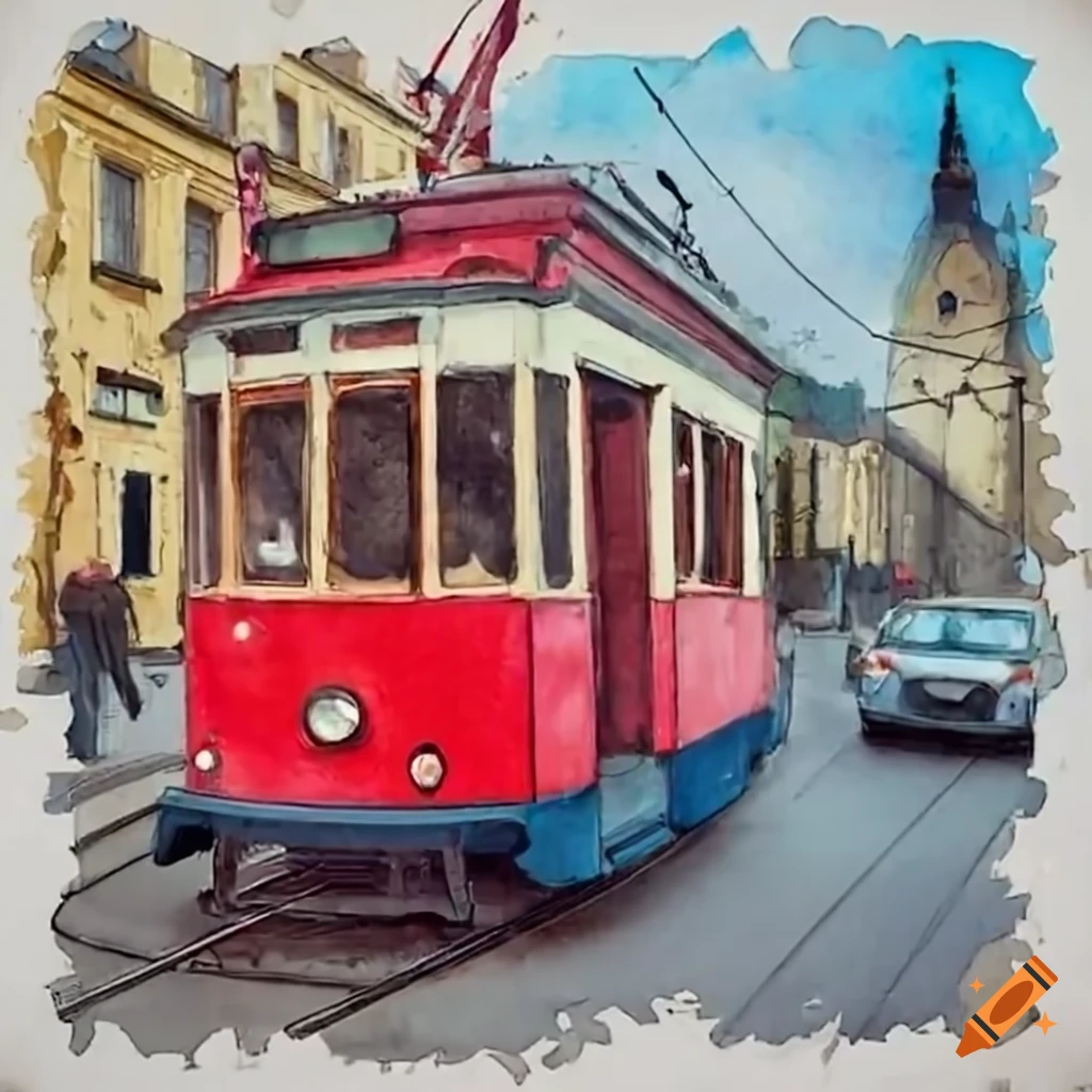 A vintage red tram passing through an european city street on Craiyon
