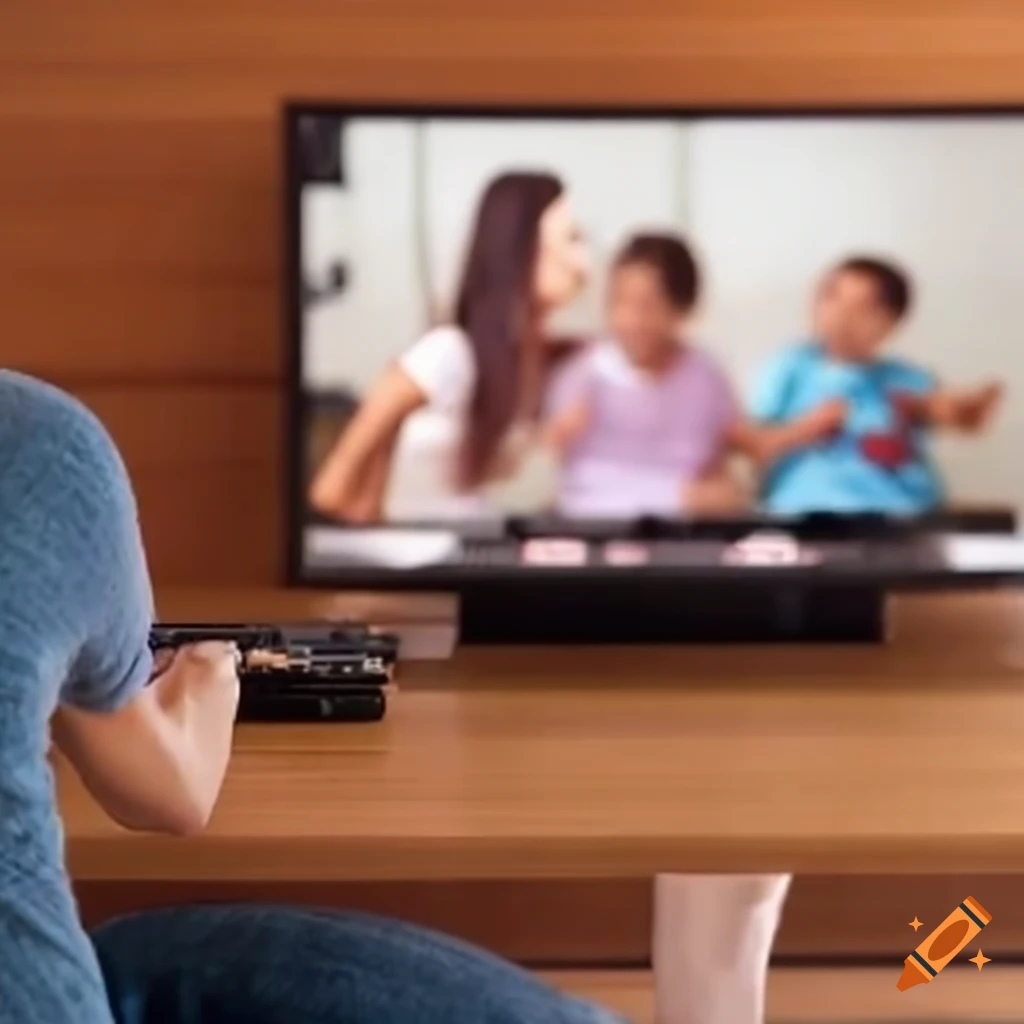 Family watching tv with vhs cassettes on the table on Craiyon