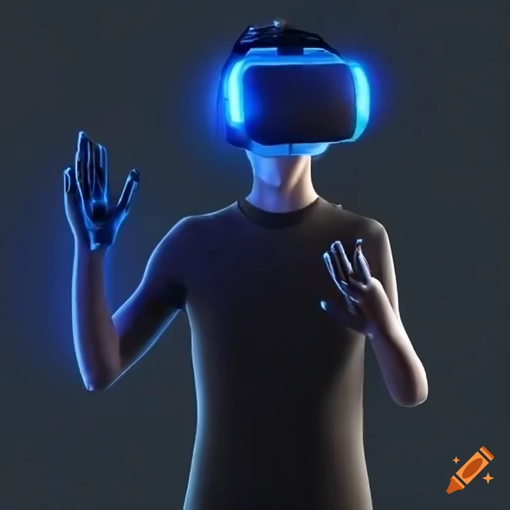 Virtual reality character with blue glowing eyes and dark attire on Craiyon