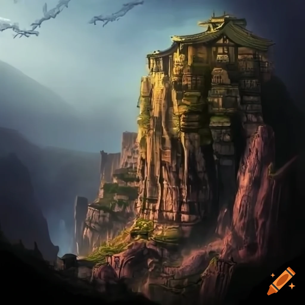 Japanese city fantasy cliff side on Craiyon