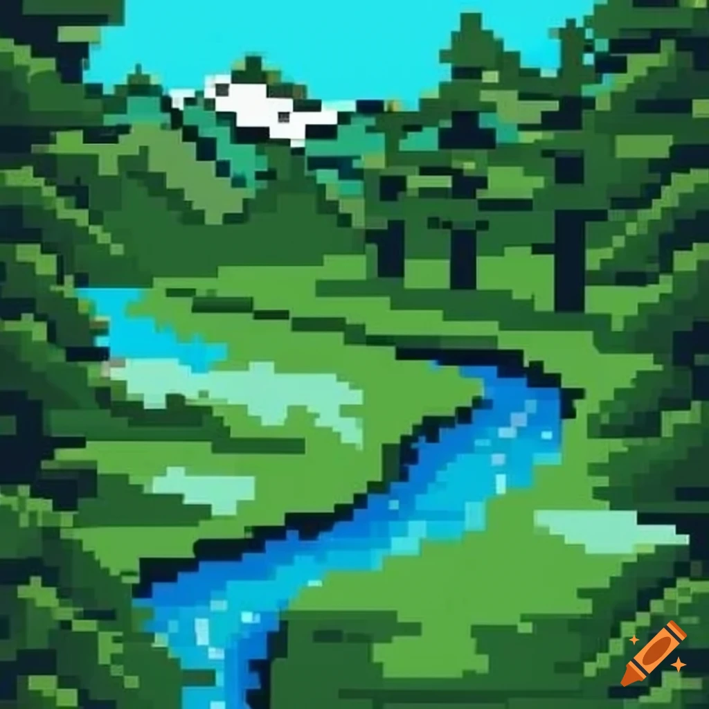 Flowing river though green mountains pixel art on Craiyon
