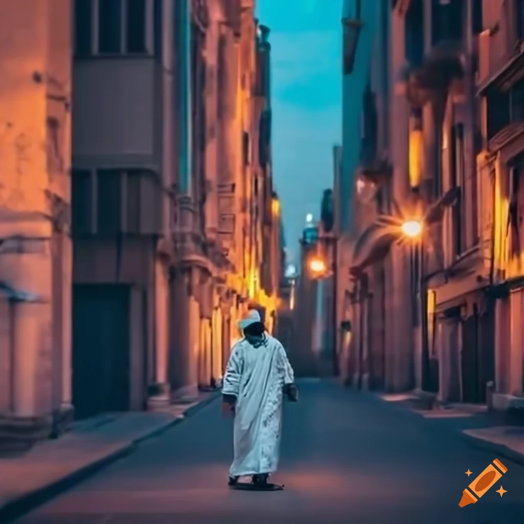 Realistic wide shot image of a saudi man walking in the streets on Craiyon