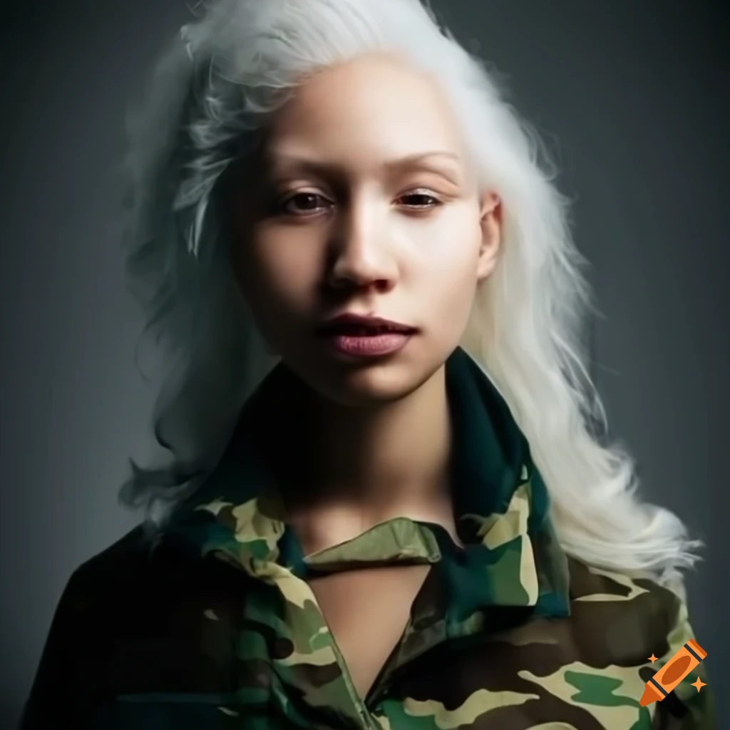 Mixed race albino woman with blonde shoulder length hair in a camo jacket