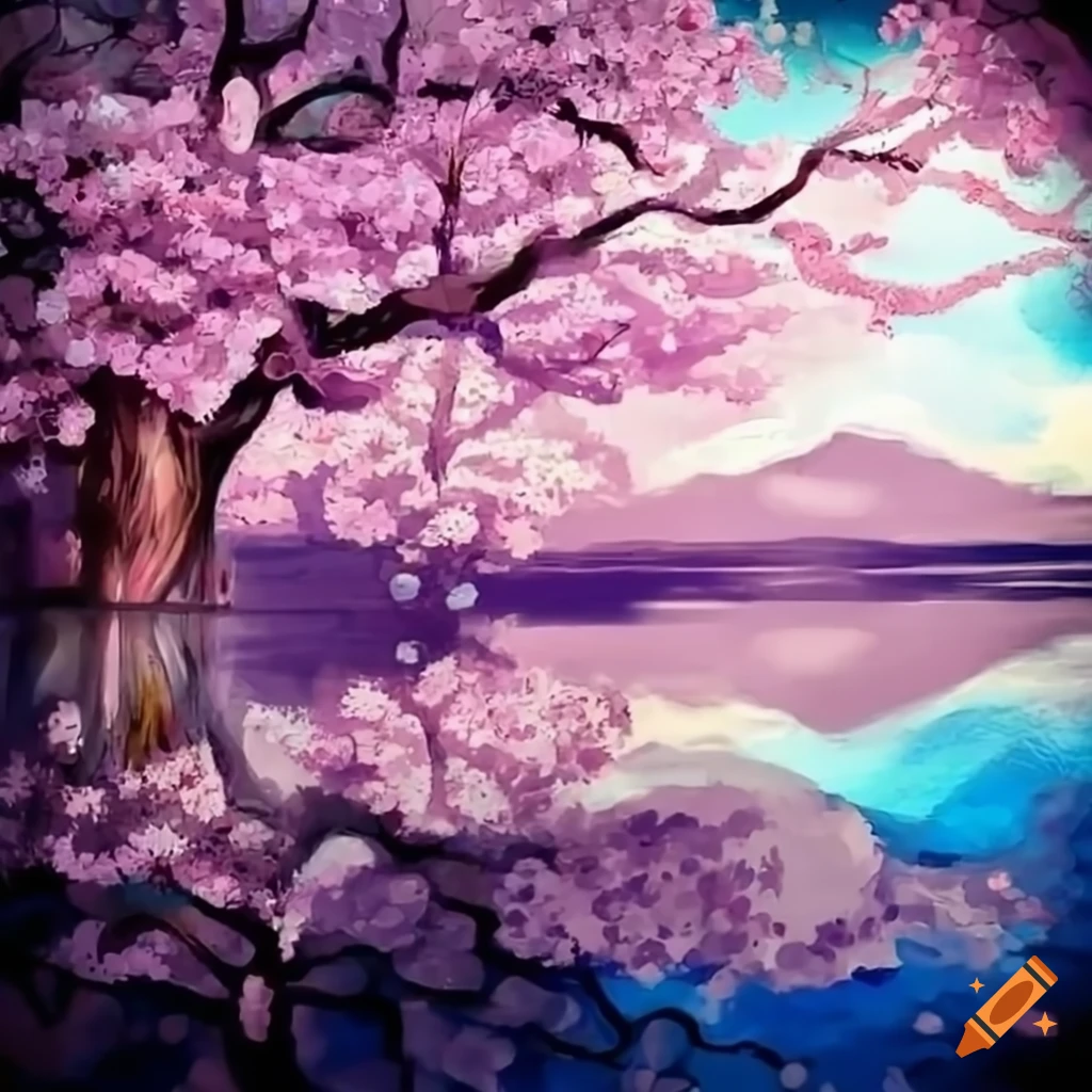 Kawaii cherry blossom in front of a lake reflecting on Craiyon