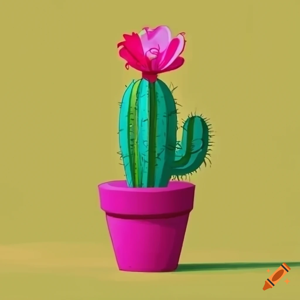 A happy and brightly colored cartoon cactus inside a flower pot on Craiyon