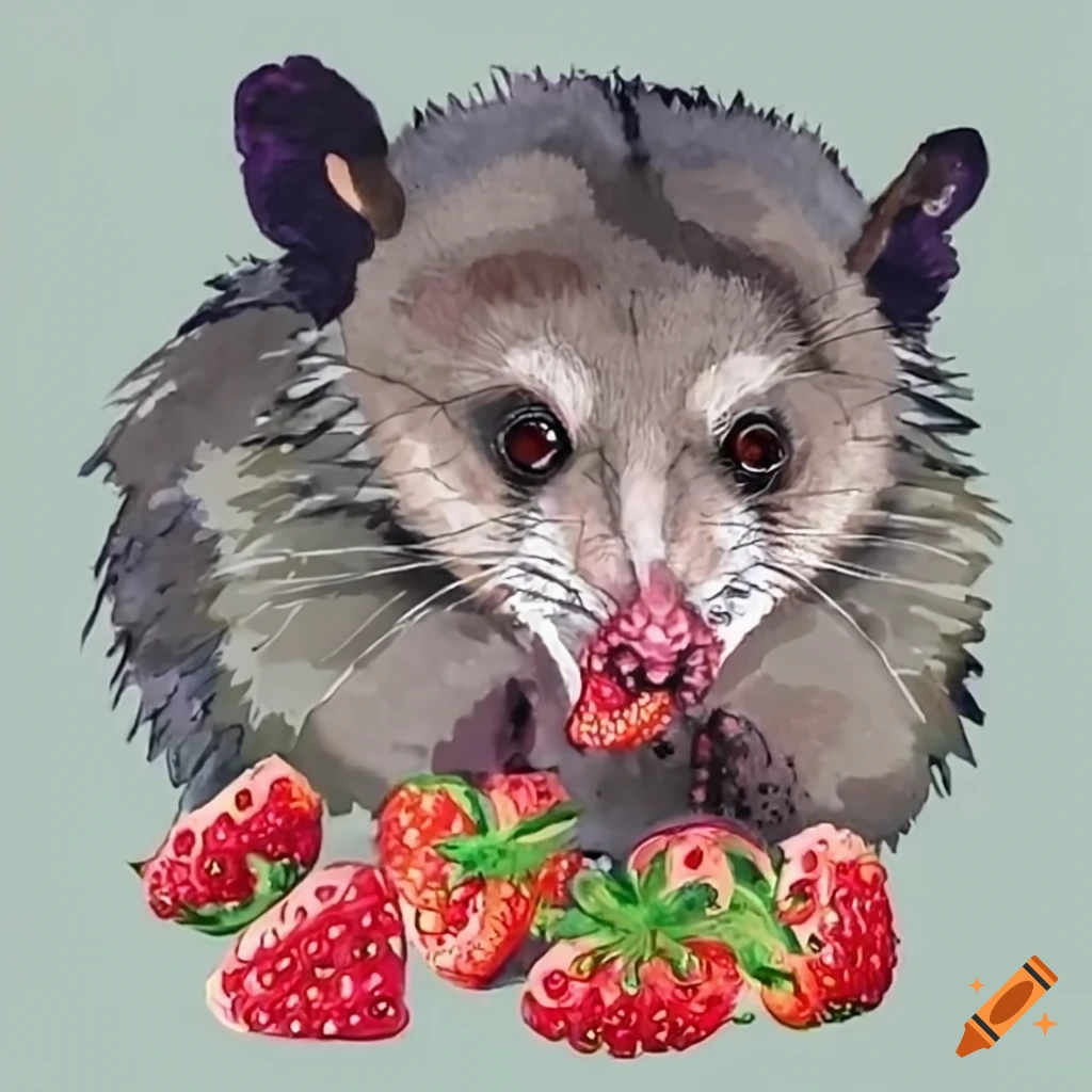 Possum eating strawberries
