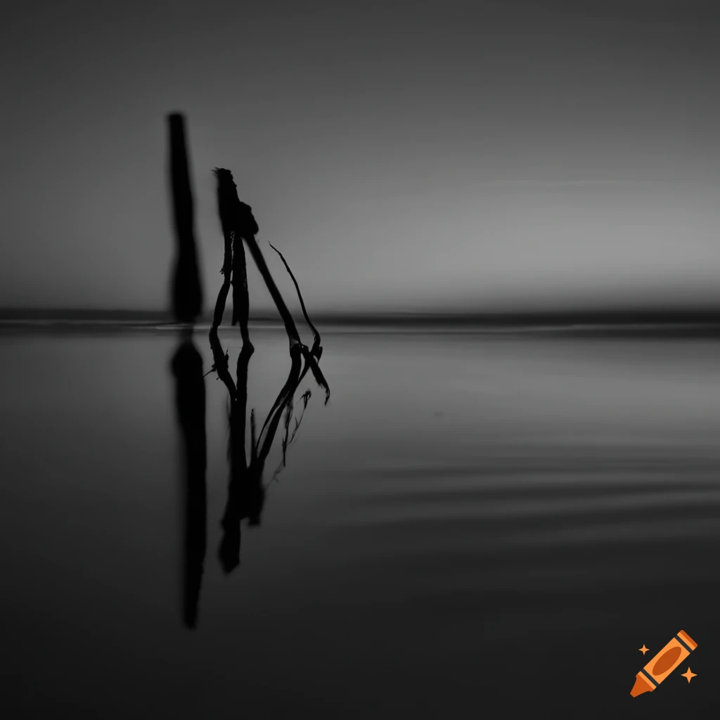 Shadow, beach at night, monochrome photograph