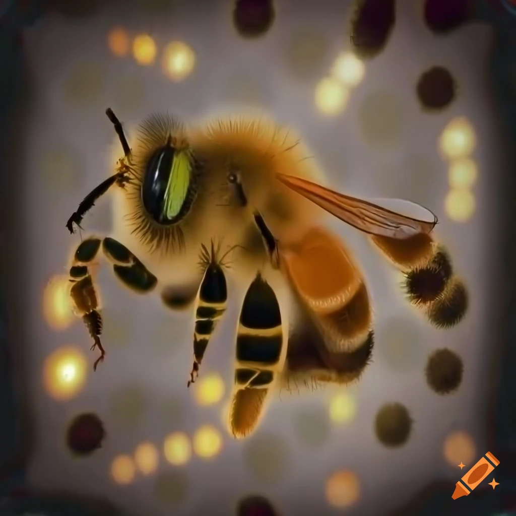 Generate a 4k image of a surrealistic bee emerging from a honey-filled ...