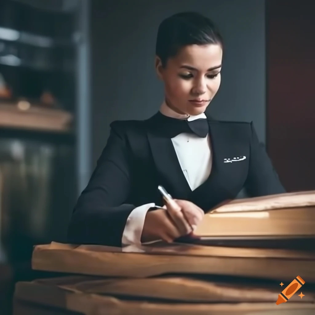 Hotel worker writing at log book in front desk on Craiyon