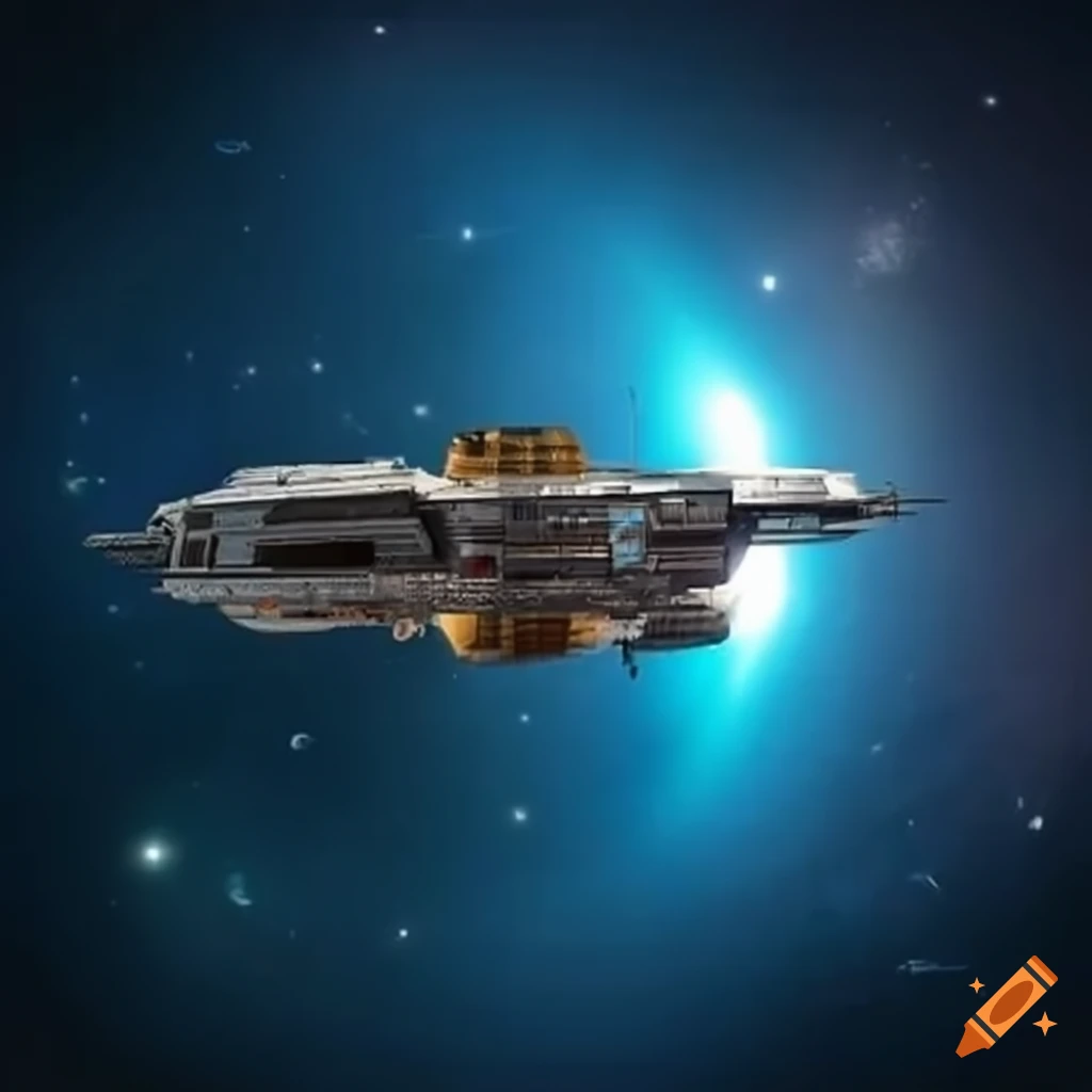 A boxy space ship flying in orbit above a planet on Craiyon