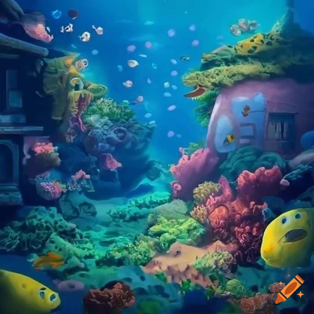 A small magical colourful medieval town underwater in a coral reef ...