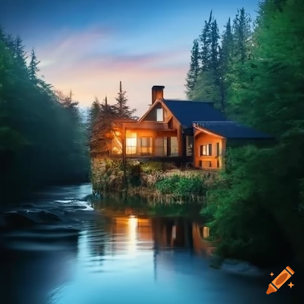 A beautiful house with a river flowing nearby on Craiyon