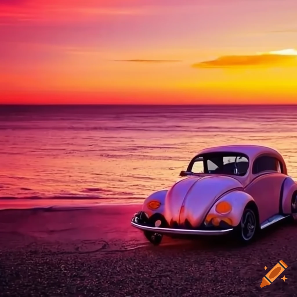 Volkswagen beetle driving into a colorful sunset with a beach