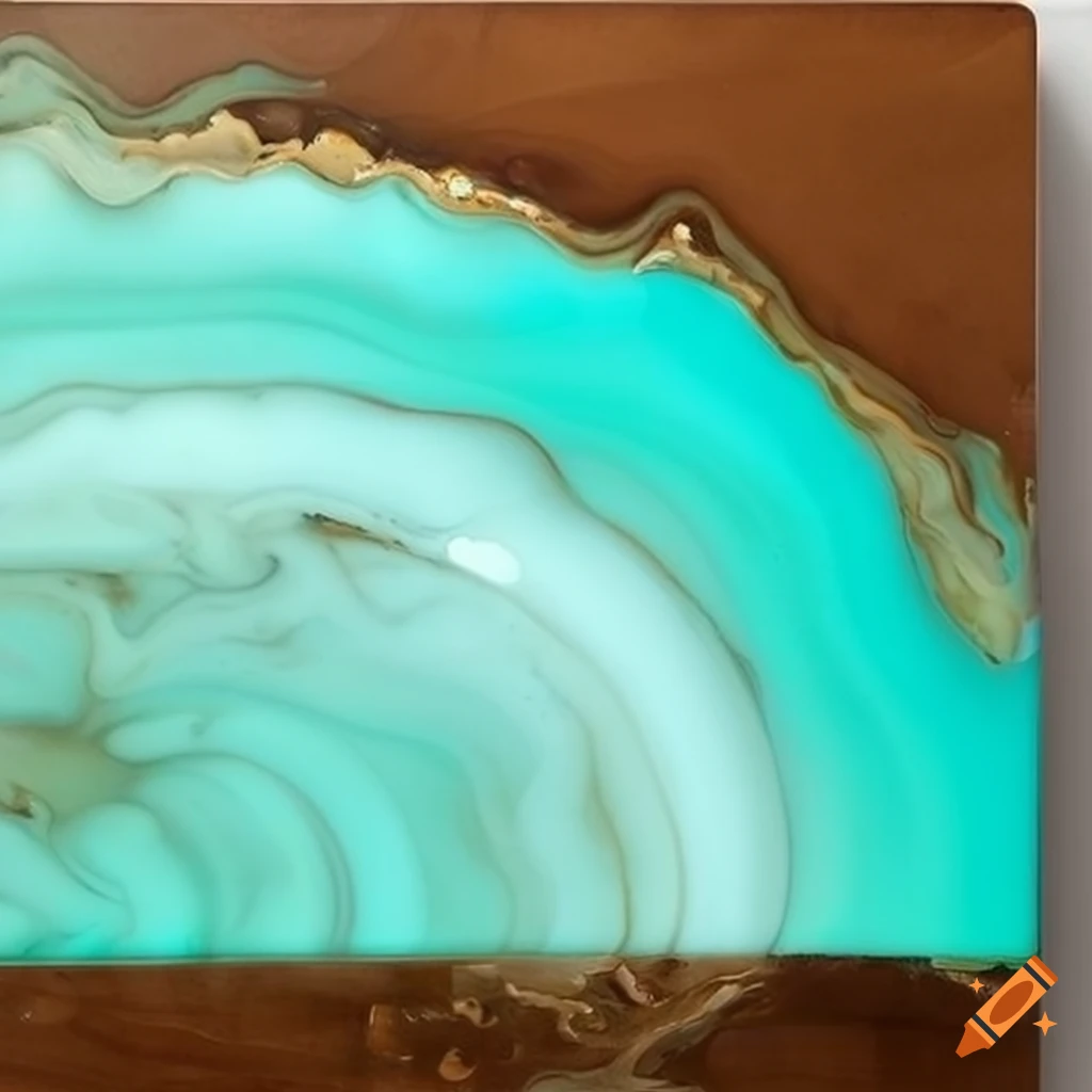 White, mint, turquoise and brown, round epoxy resin pattern