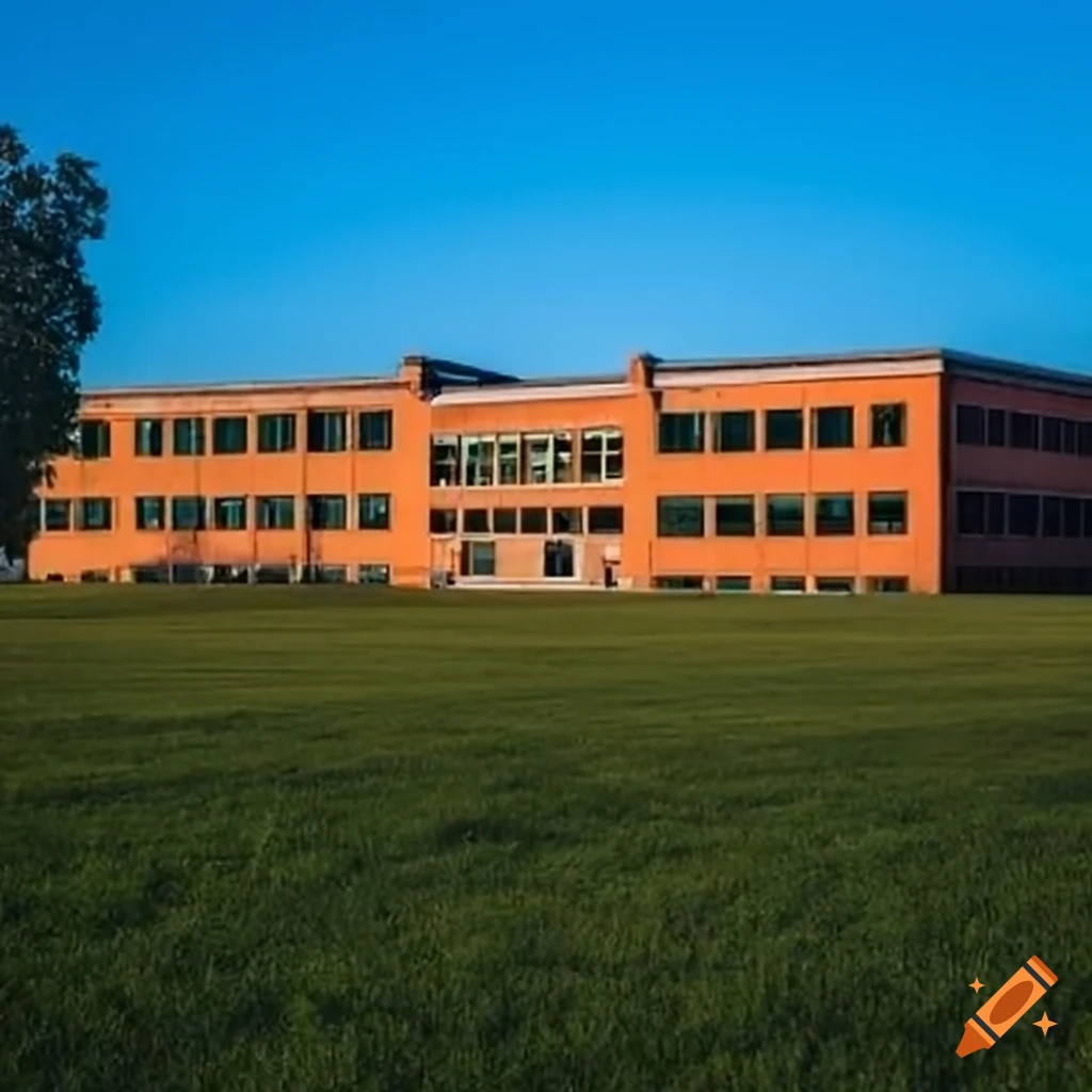 Elementary school building, in a field