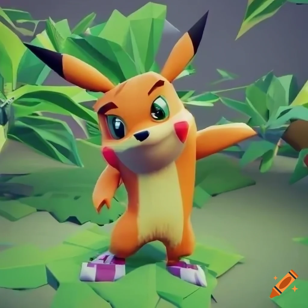 Digital, up close full body shot of, Pikachu, in the style of Crash ...