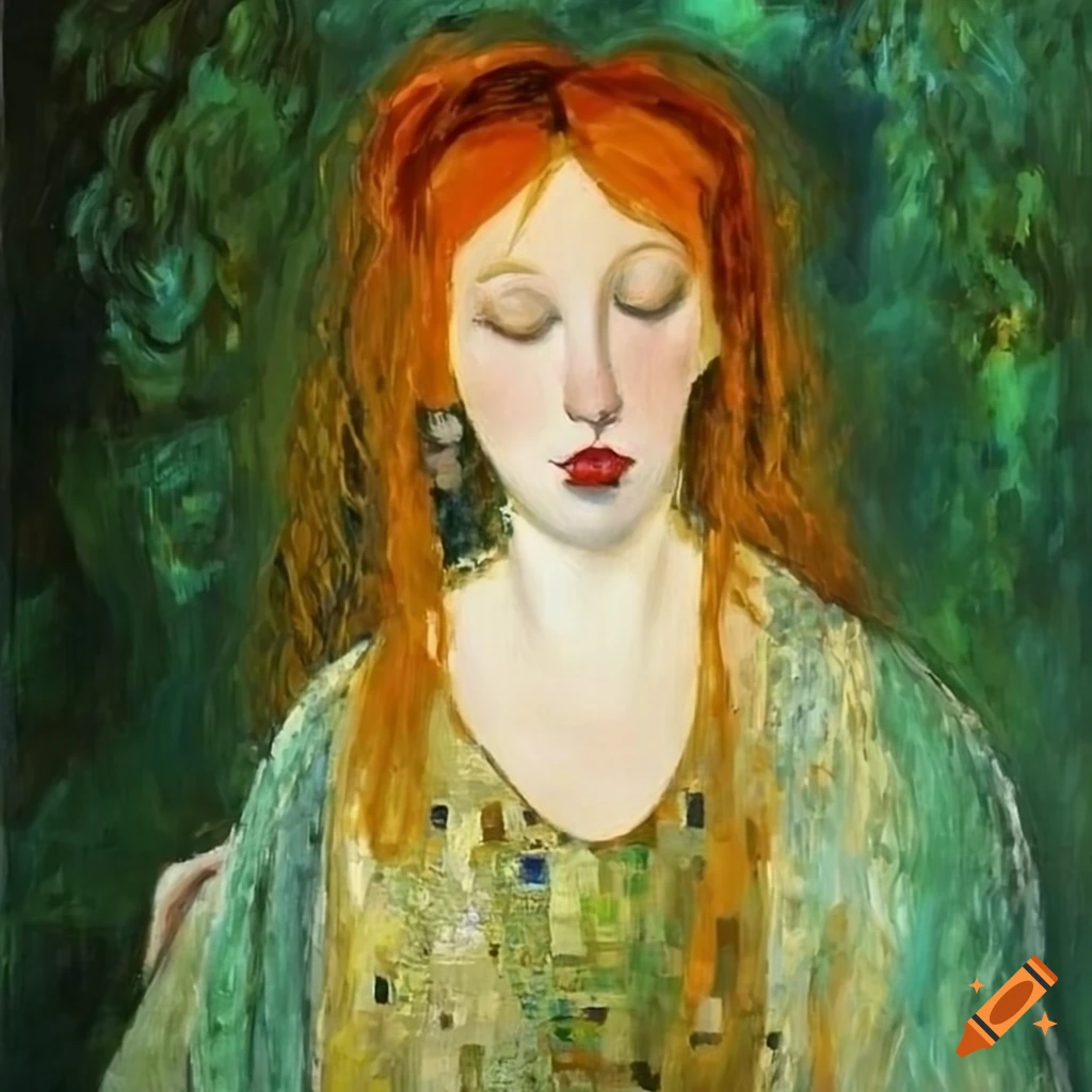 Long red hair girl, dressed in green, gold light, sleeps whit white cat ...