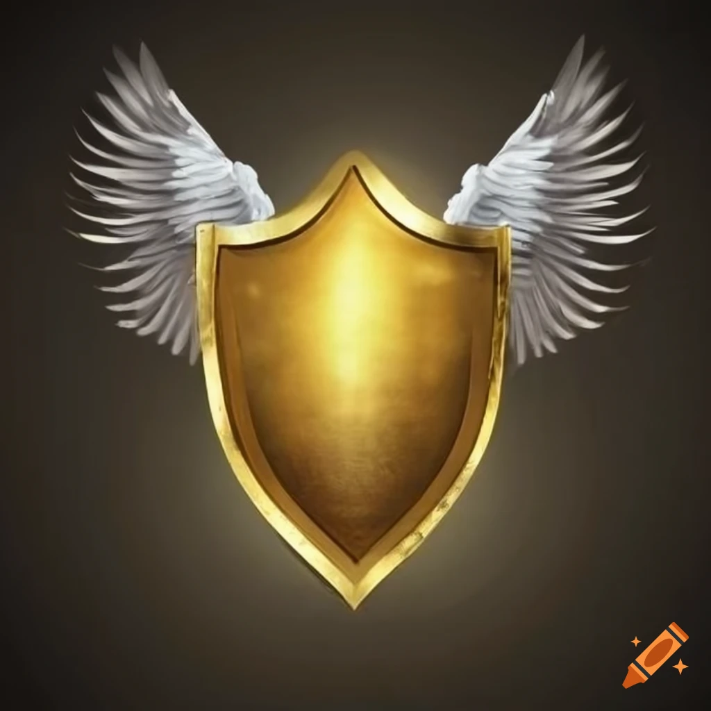 A gold shield pointed at the bottom with a pair of strong white wings ...