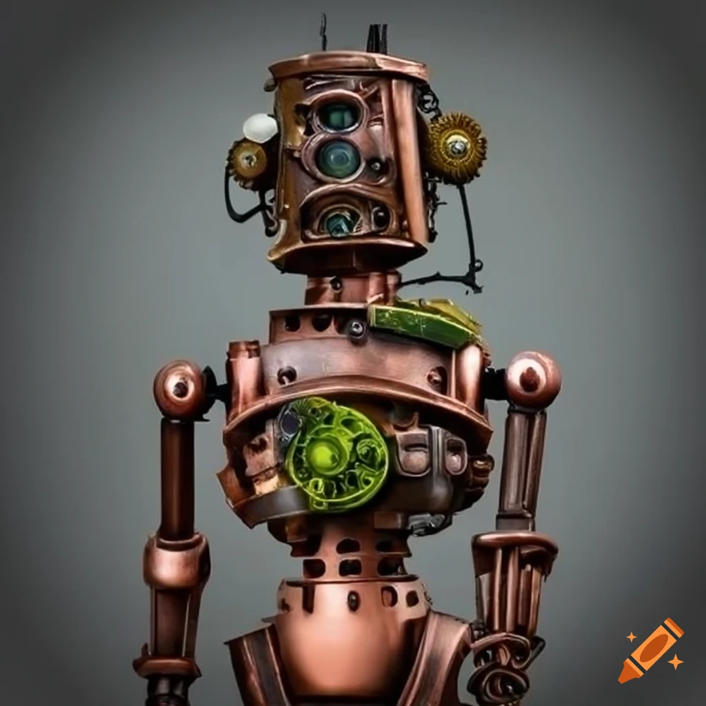 Steampunk robot made of steel and copper with a mossy exterior on Craiyon